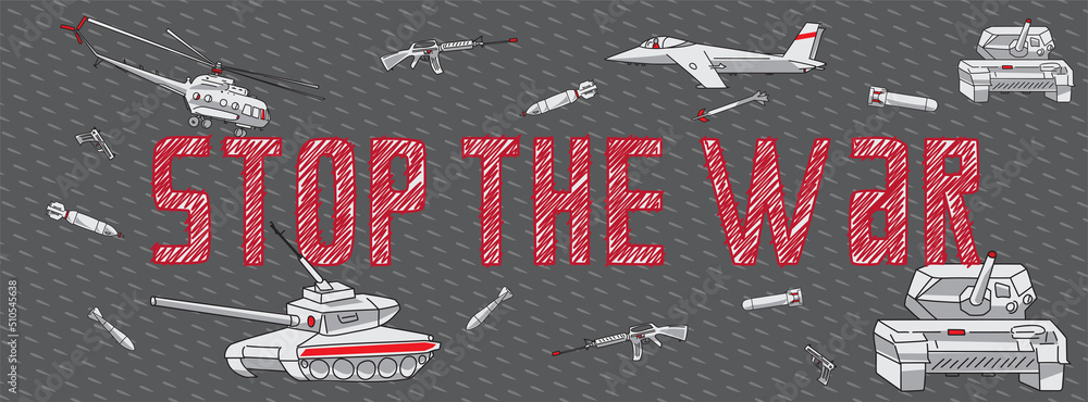 Panoramic with stop war motto. Outline icons of weapon, graphic of bomb ...