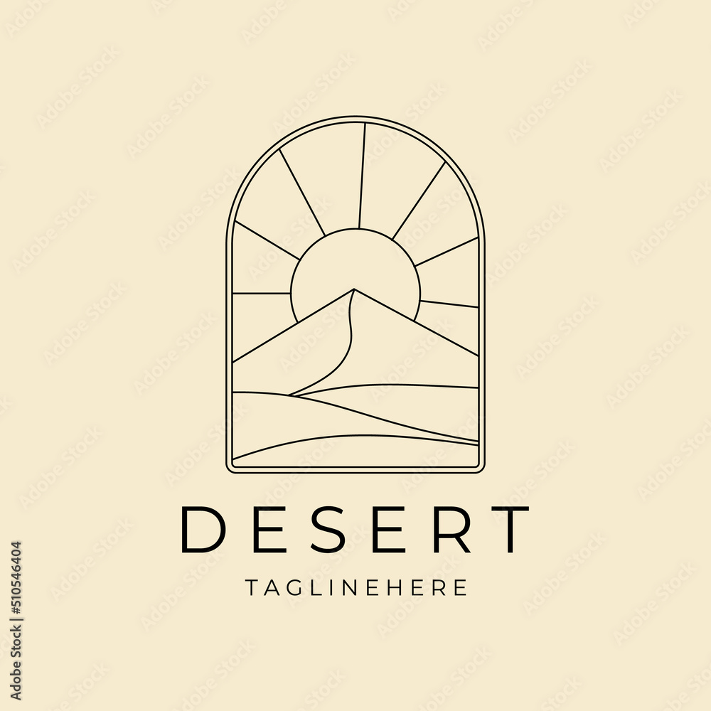 landscape desert with sun badge logo line art vector icon symbol ...