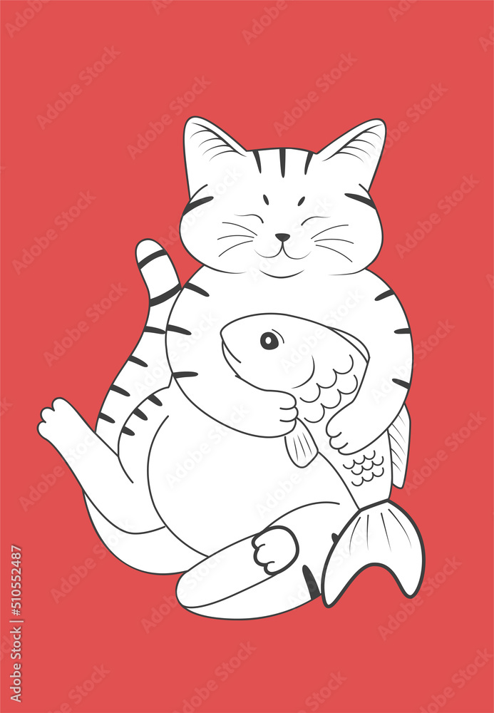 Japanese cat holding a fish. Vector illustration. Japanese traditional ...
