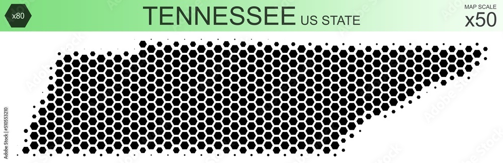 Dotted map of the state of Tennessee in the USA, from hexagons, on a ...
