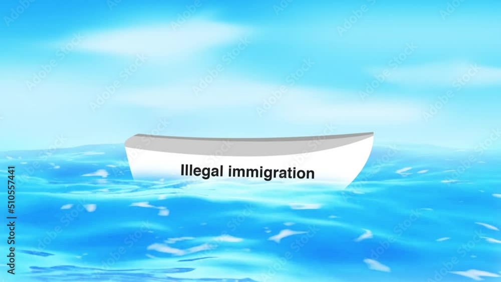 Illegal immigration concept 4K Animation with floating boat on the ...