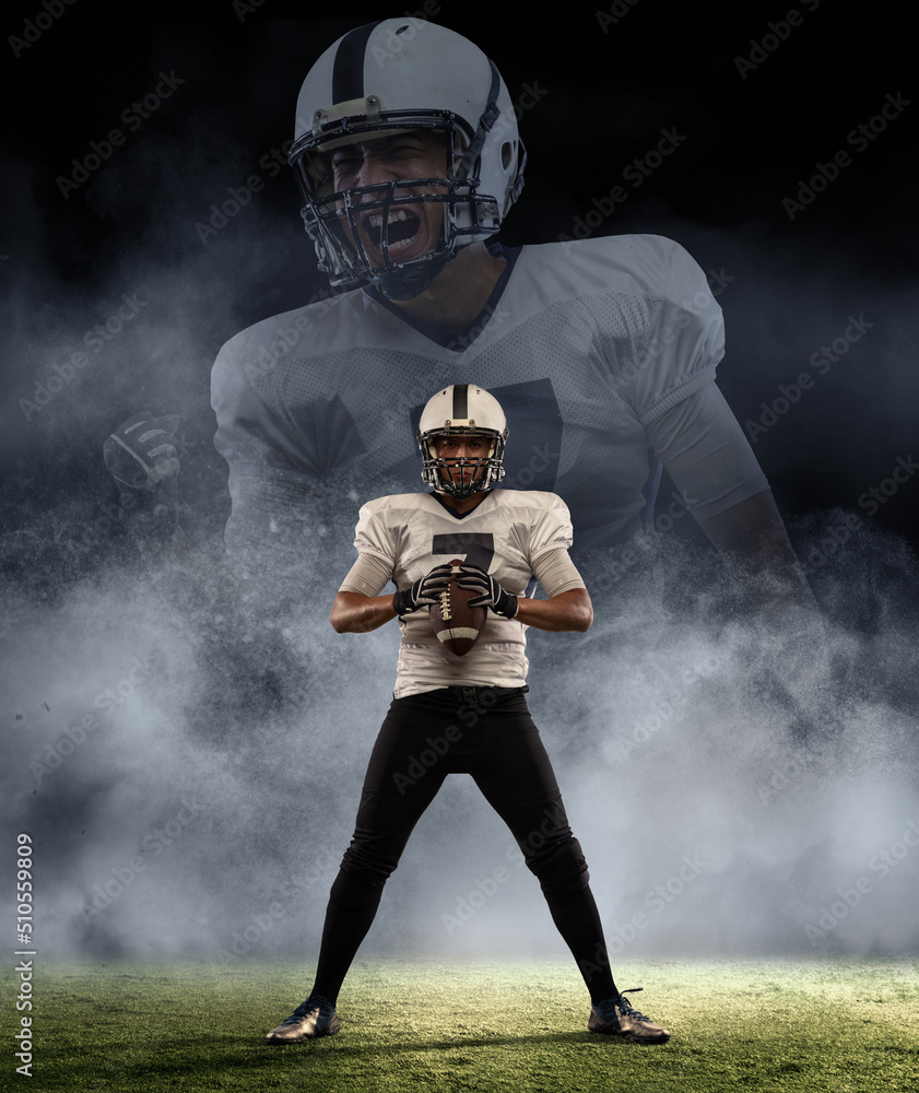 Creative portrait of young man, american football player at stadium in ...