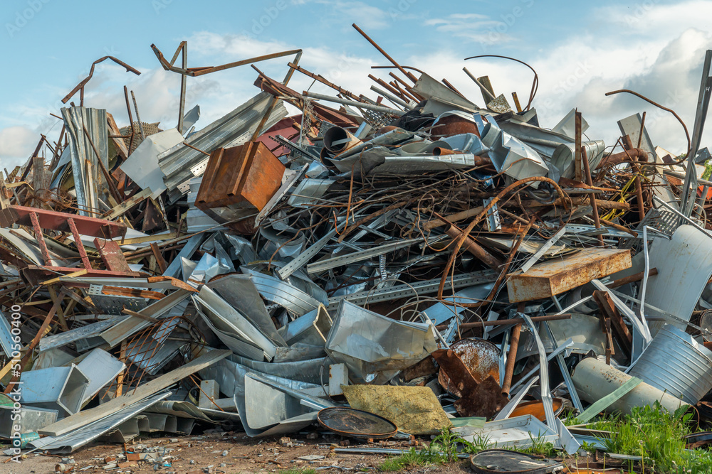 Processing industry, a pile of old scrap metal, ready for recycling ...
