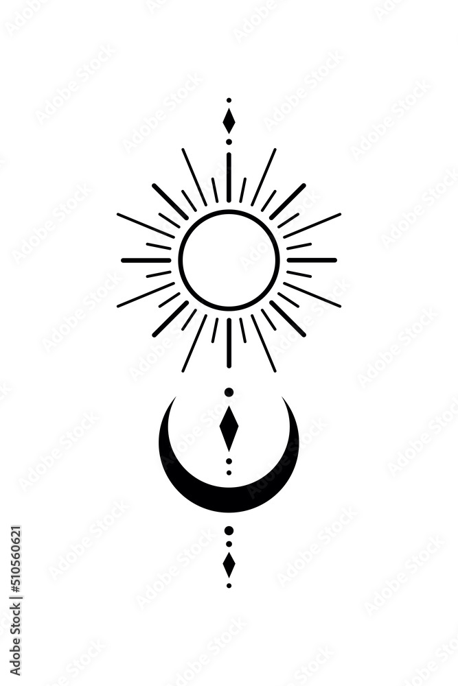 Blackwork tattoo sketch with moon and sun. Sacred geometry tattoo ...