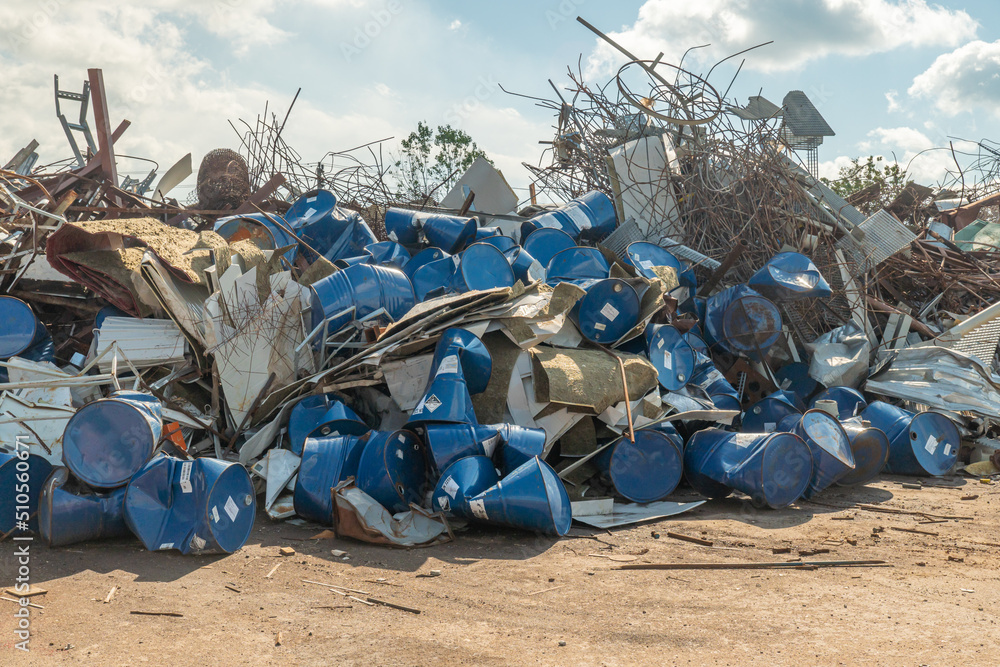 Processing industry, a pile of old scrap metal, ready for recycling ...