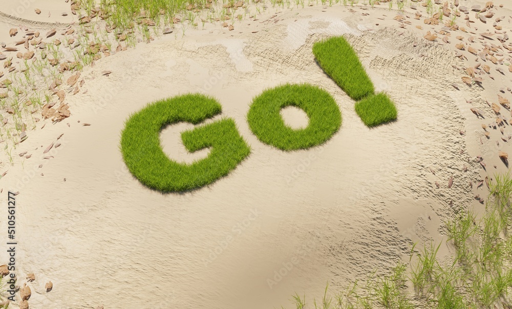 3d render go green grass alphabet on a white sand concept scene nature ...