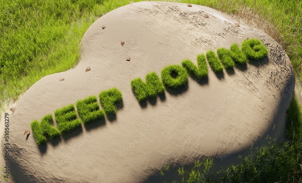 3d render sideview keep moving green grass alphabet on a white sand ...