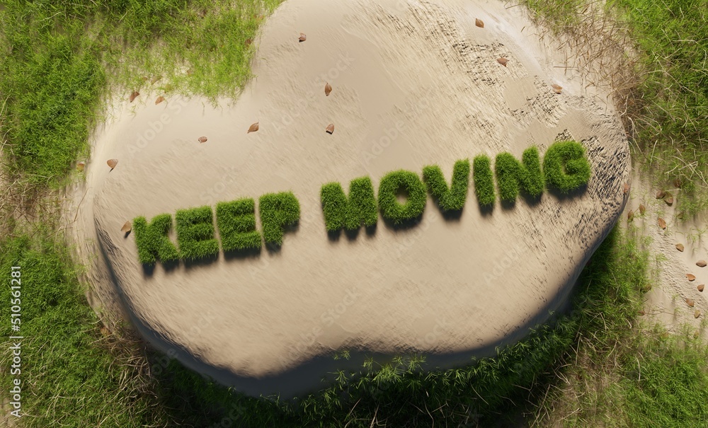 3d render keep moving green grass alphabet on a white sand concept ...