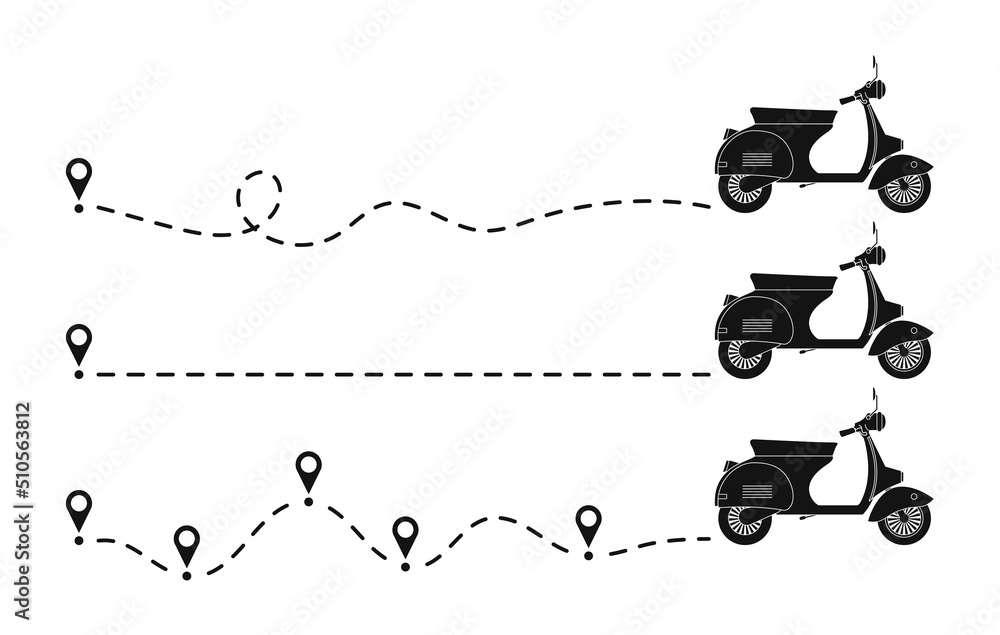 Moped icon dotted line path with start point. Set of motorbike or moped ...