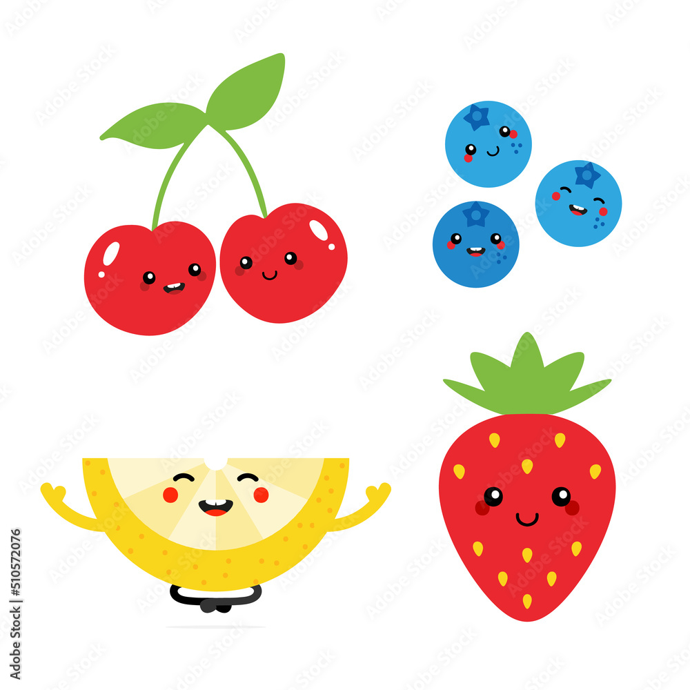Set, collection of cute cartoon style fruits and berries. Funny and ...
