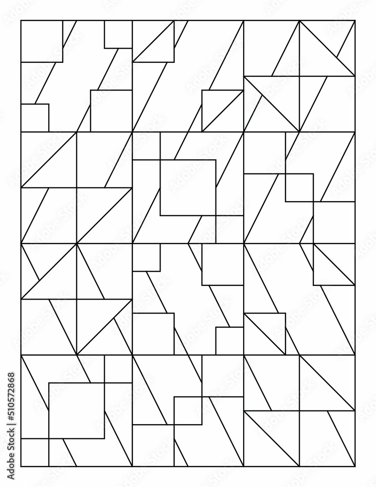 Adult coloring page of mural art with intersecting geo shapes. Black ...