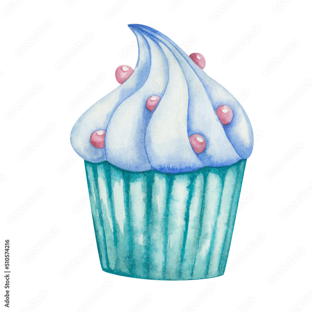 Watercolor illustration of hand painted green cupcake with blue ...