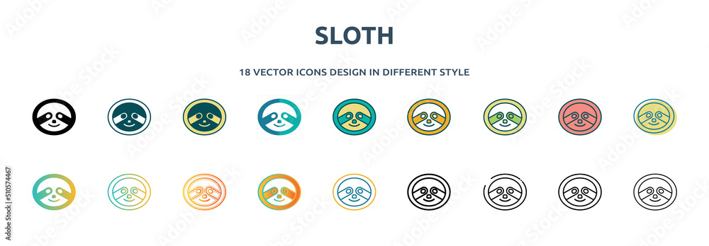 sloth icon in 18 different styles such as thin line, thick line, two color, glyph, colorful ...
