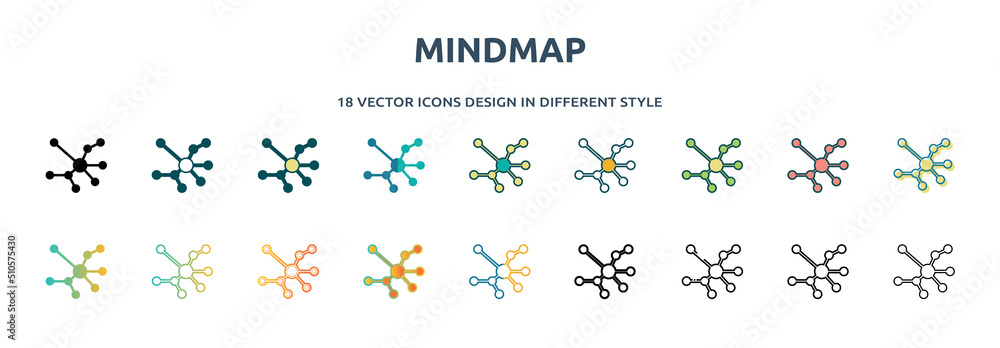 mindmap icon in 18 different styles such as thin line, thick line, two color, glyph, colorful ...