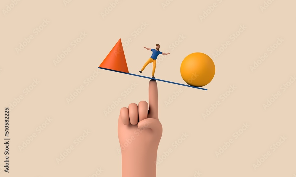 Character balancing on an unstable seesaw. 3D Rendering Stock ...