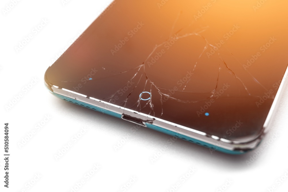 Smartphone with broken display glass. Cracked screen glass. Broken ...