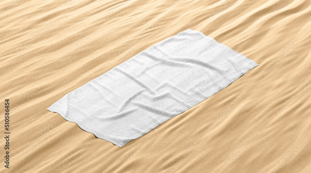 Blank white crumpled unfolded big towel mockup, sand background Stock ...