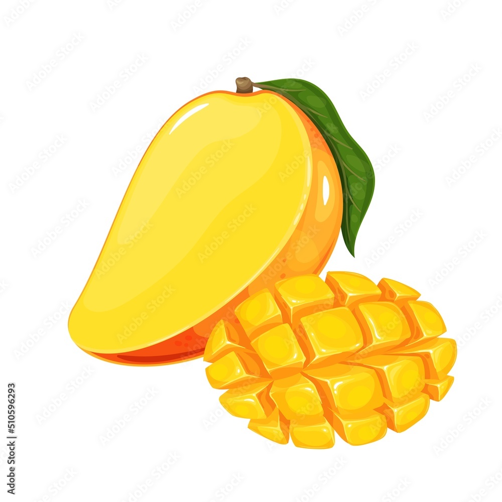 Half mango with leaf and sliced to cubes. Tropical fruit vector ...