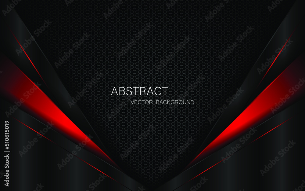 Abstract black and red polygon with red glow lines on dark steel mesh ...
