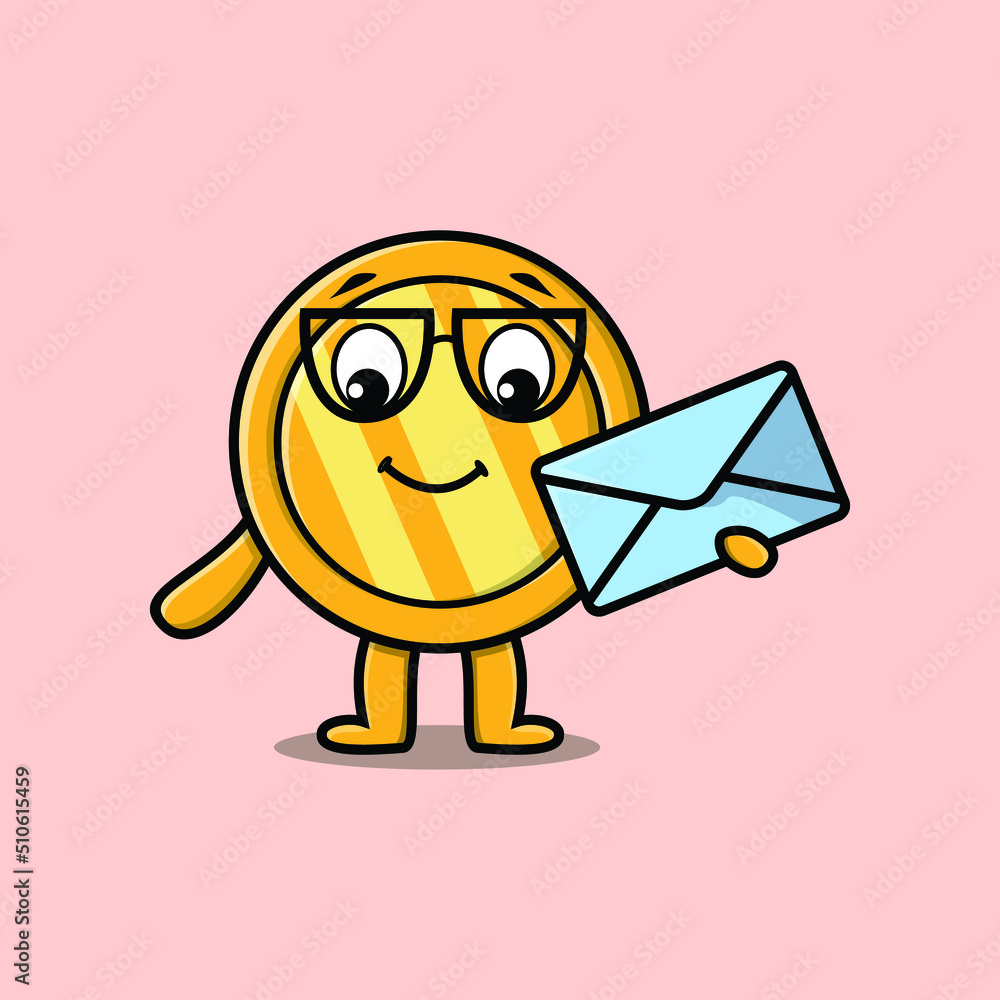 Cute cartoon gold coin holding envelope with cartoon vector ...