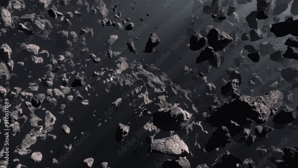 Asteroid field in deep space 3d render animation, Linear slow Zoom-in Camera Shot, with ...