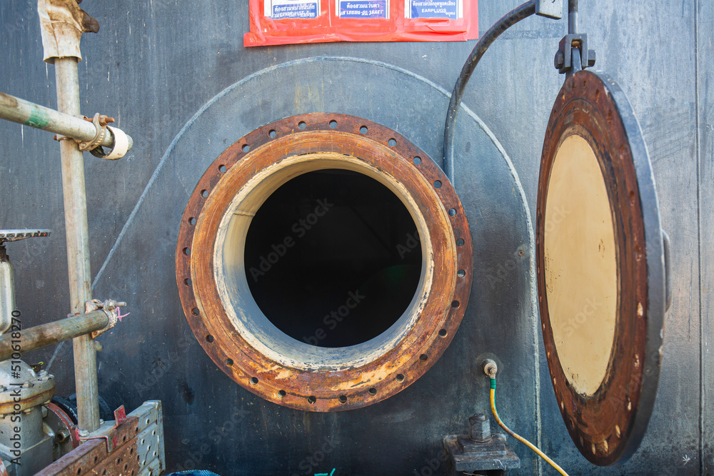Opened rusty manhole on shell plate storage tank confined space Stock ...