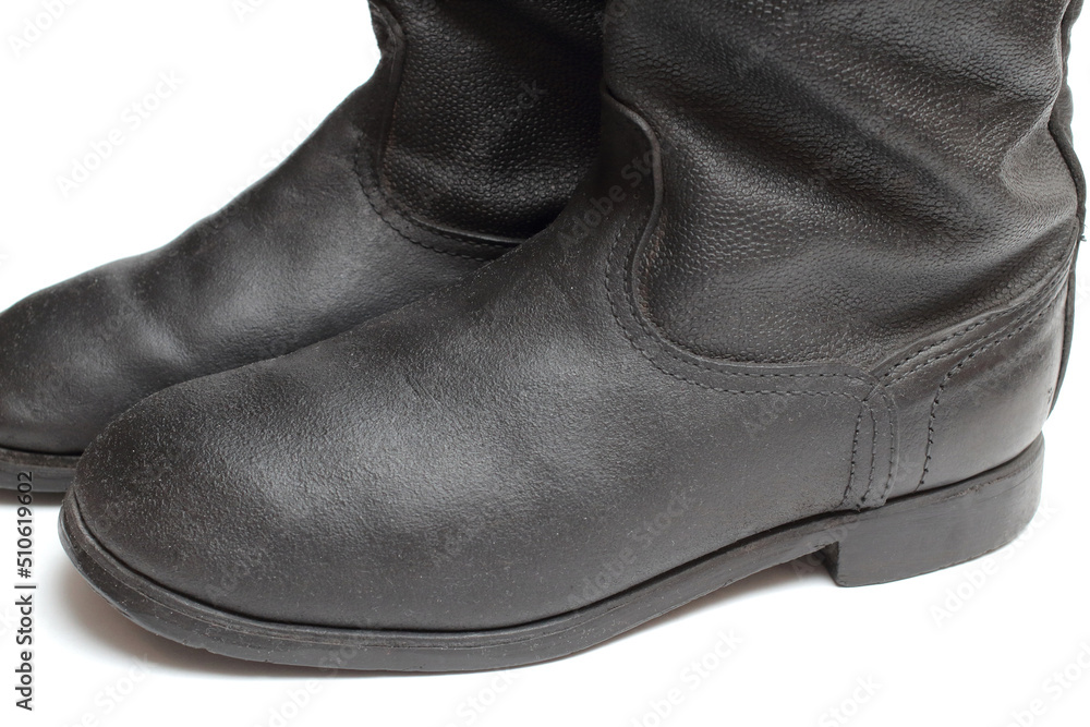 Old military boots made of leather on white background, black army ...