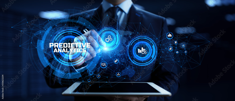 Predictive analytics. Businessman pressing button on screen. Stock ...