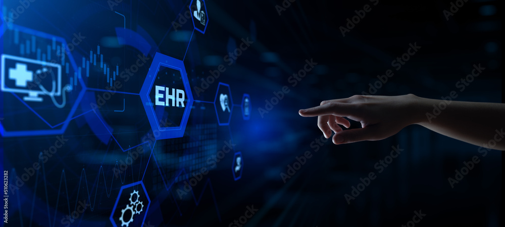 EHR electronic health record software system. Businessman pressing ...