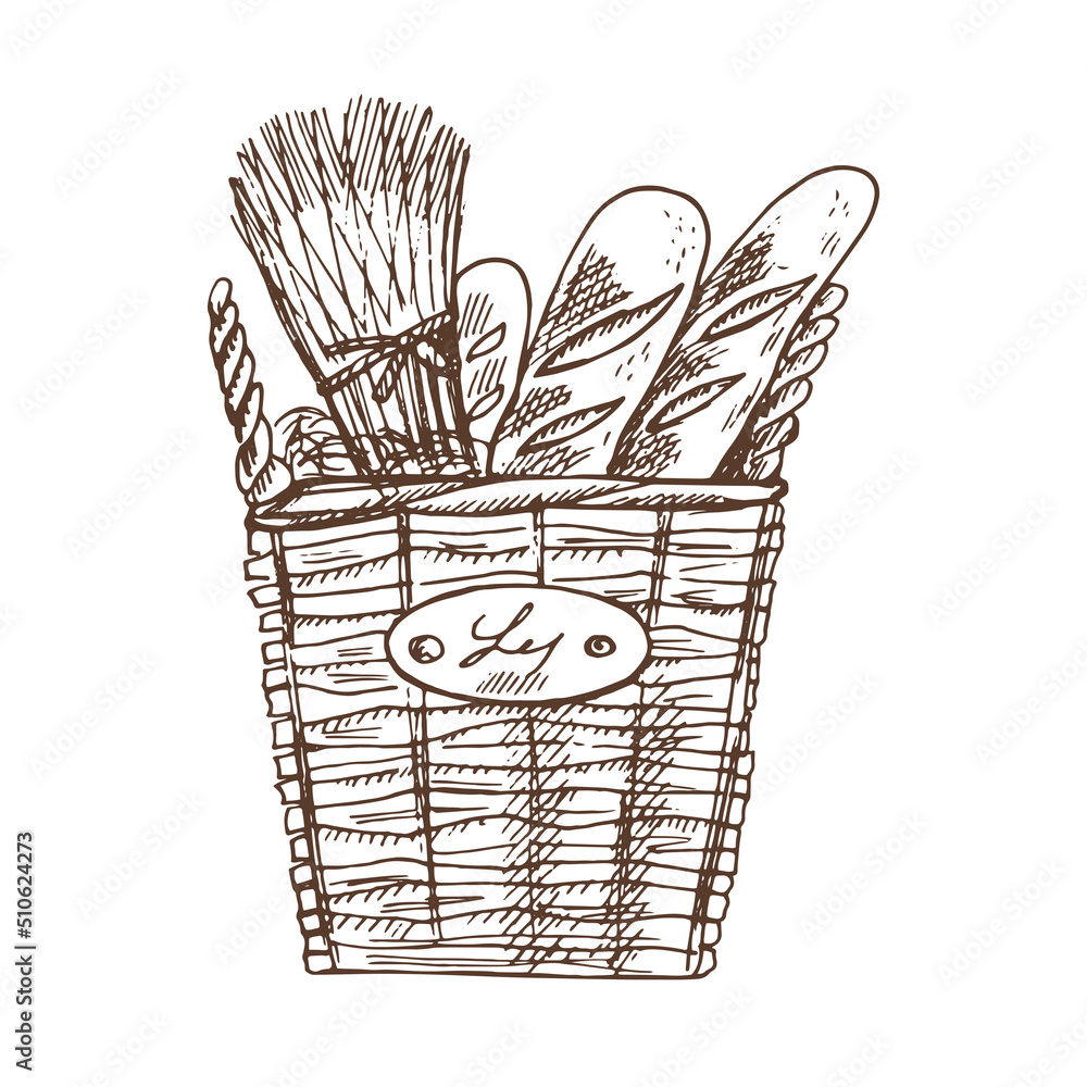 Vector hand drawn illustration of wicker square basket with baguettes ...