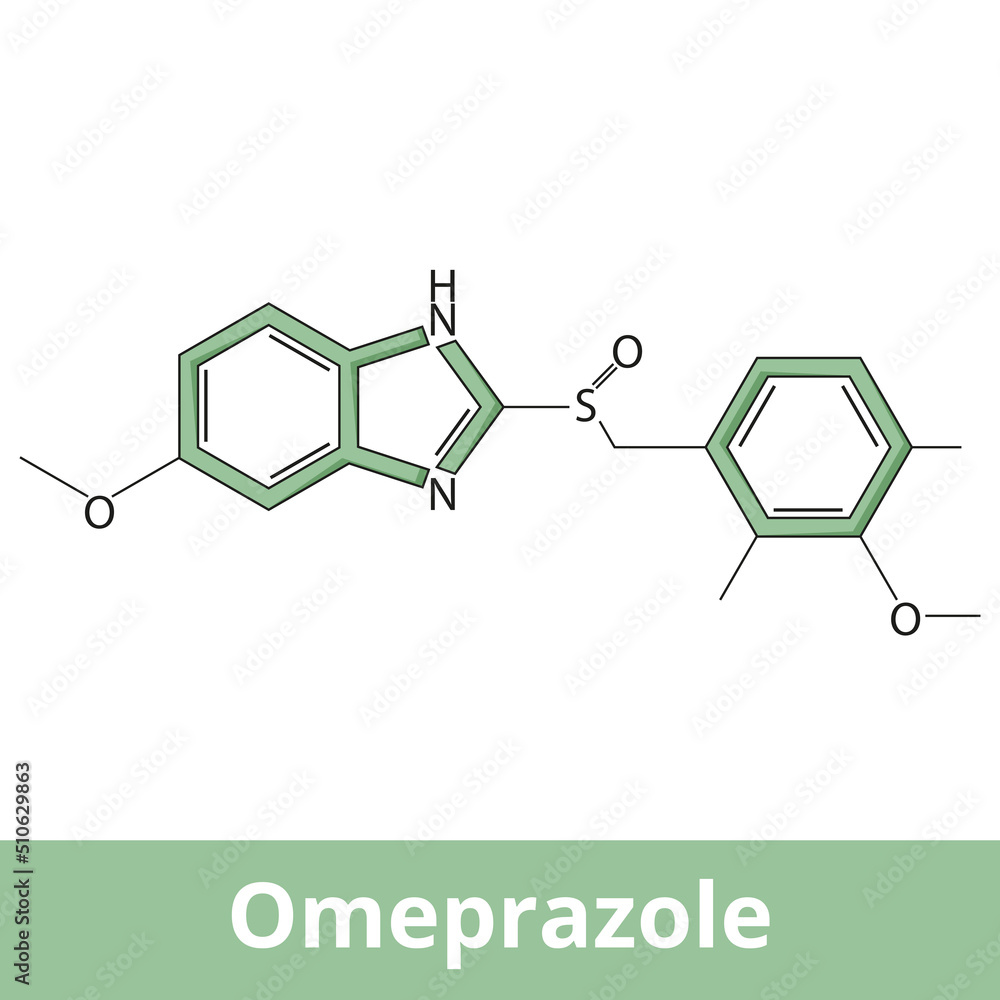 Chemical structure of omeprazole. Omeprazole is a medication used in ...