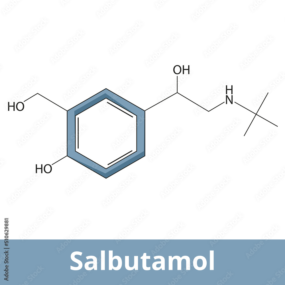 Chemical structure of salbutamol. It is a medication that opens up ...