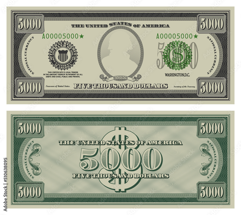 Five Thousand Dollars Banknote Gray Obverse And Green Reverse