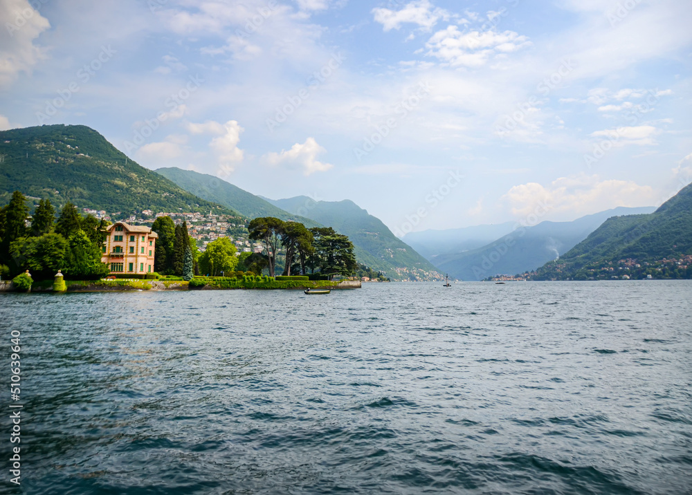 Panoramic in Lake Como in Italy with Villa Monastero in the background ...