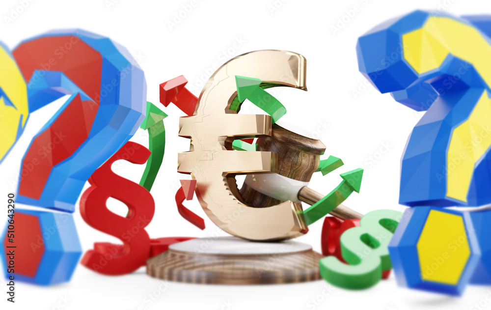 golden EUR Euro symbol and question marks colored as the flag of Europe ...