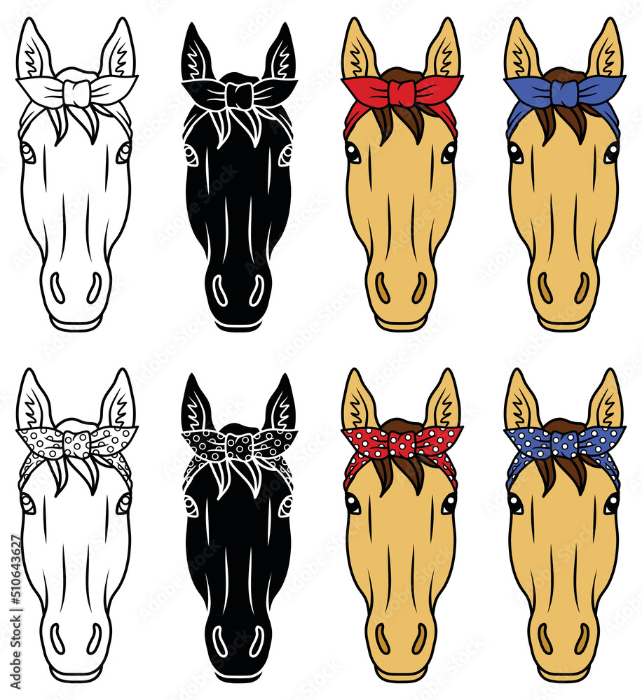 Horse Face / Head with Bandana Head Wrap Bow Clipart Set - Outline ...