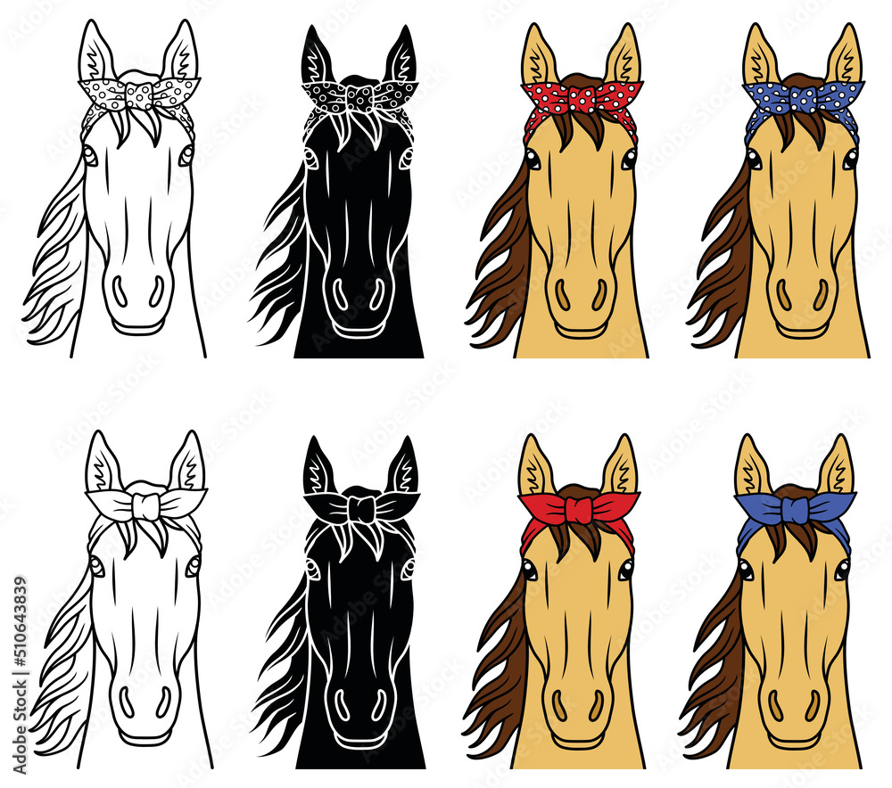 Horse with Bandana Head Wrap Bow Clipart Set - Outline, Silhouette and ...