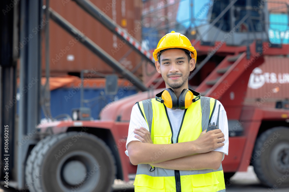 Worker Asian man working checking at Container cargo, Warehouse for ...