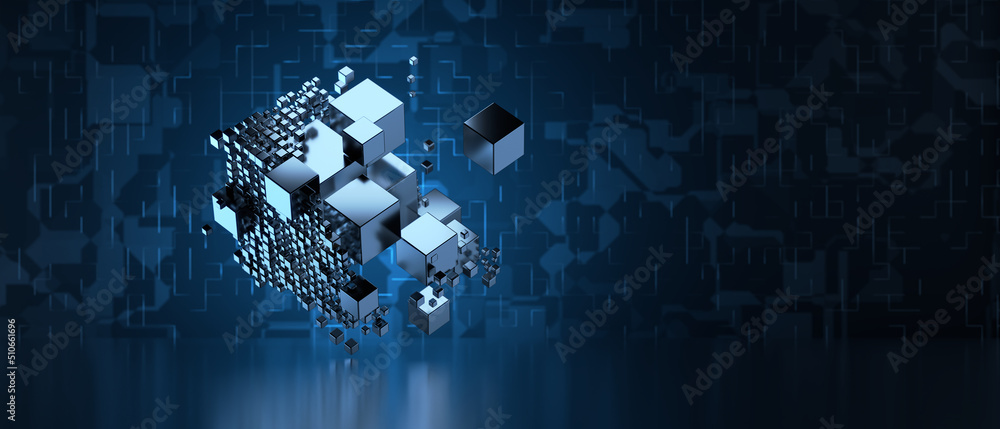 Hi-tech Square blocks are assembled into a cubic array against the ...