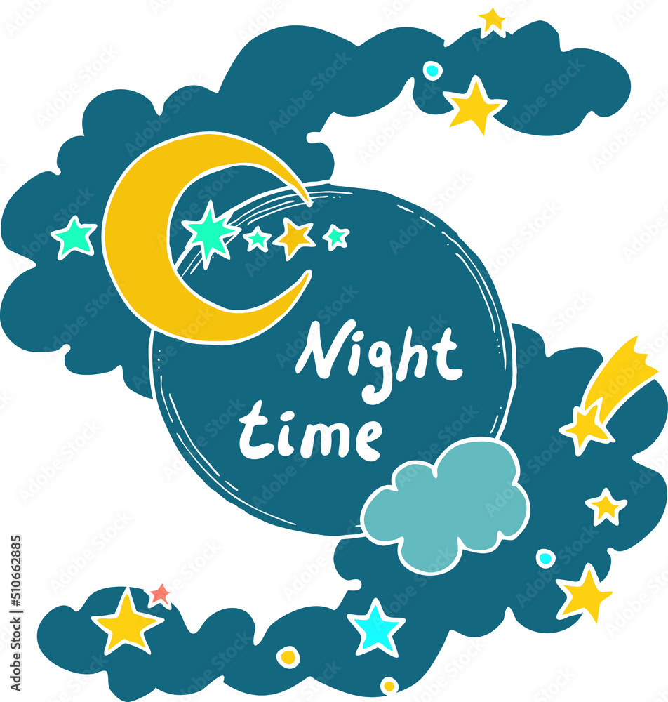 Good night theme frame with moon, stars and clouds on the dark sky ...