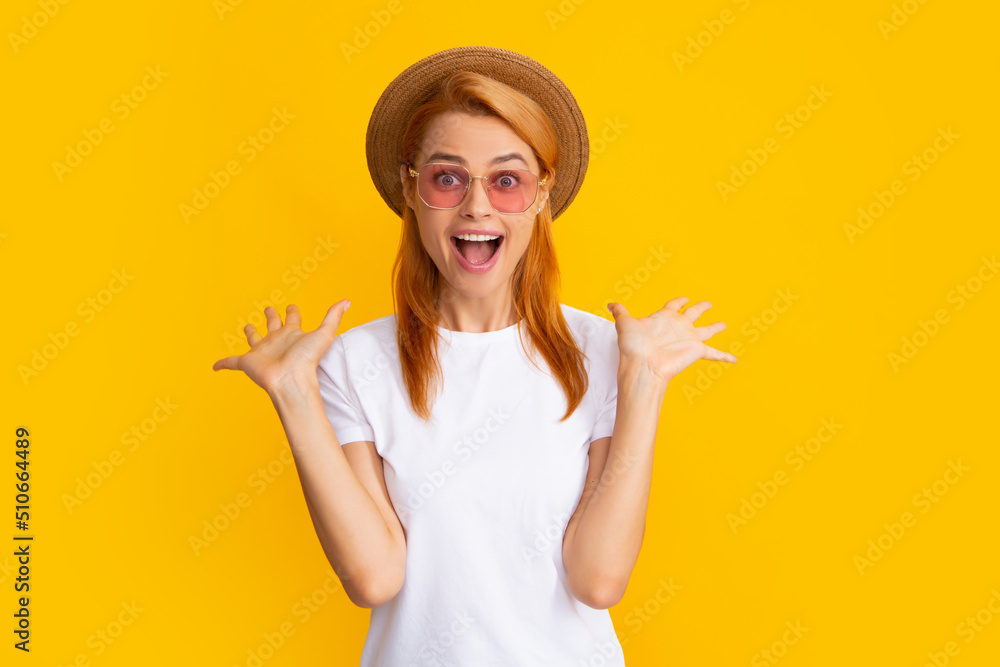 Excited amazed woman in stylish sunglasses and straw hat isolated on ...