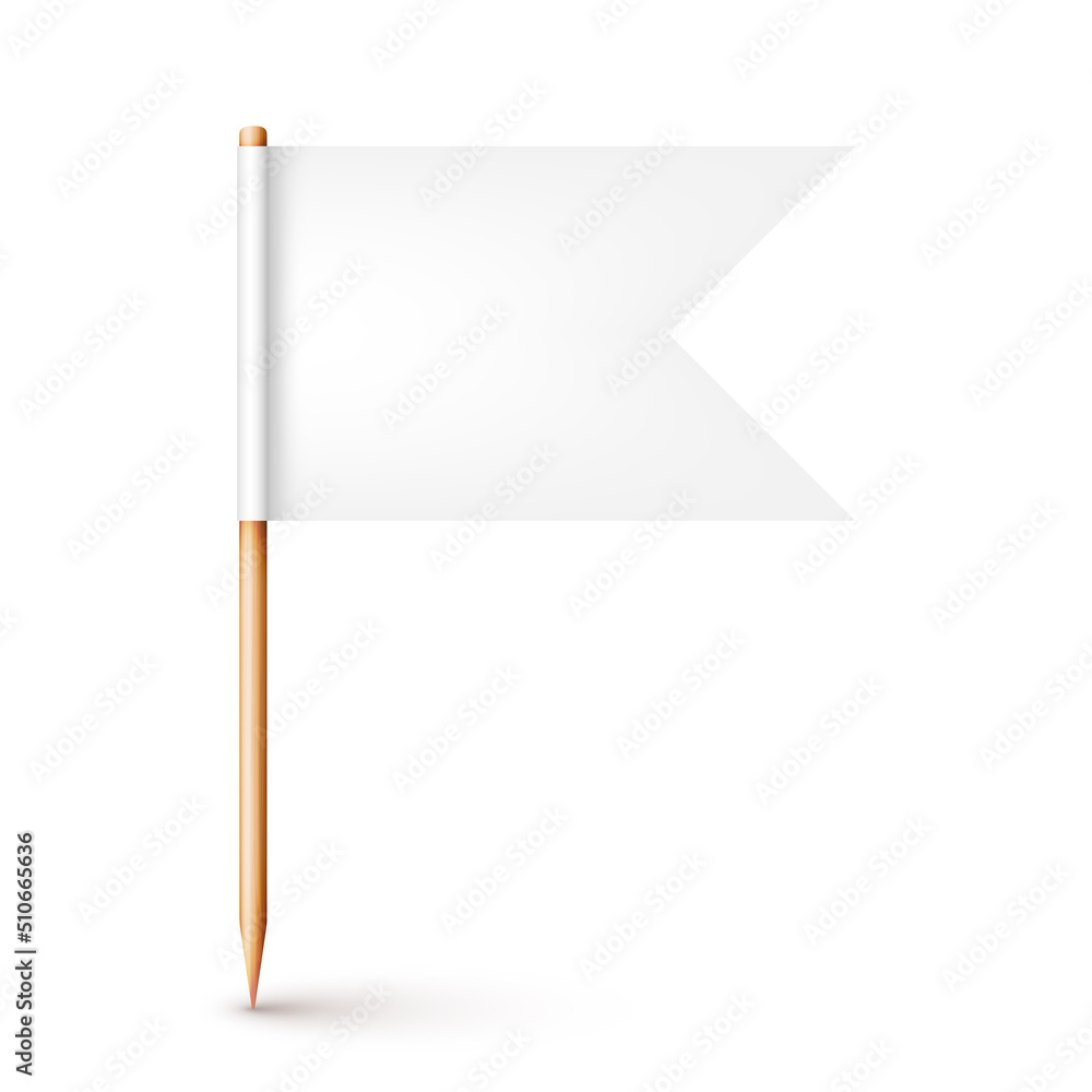 Realistic wooden toothpick with white paper flag. Location mark, map ...