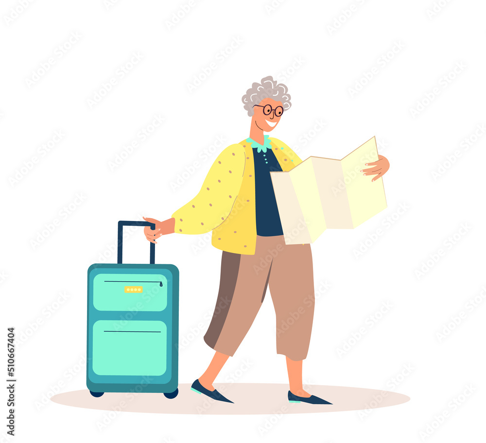 Aged Person in Voyage Abroad.Senior Tourist Pensioner Woman Character ...