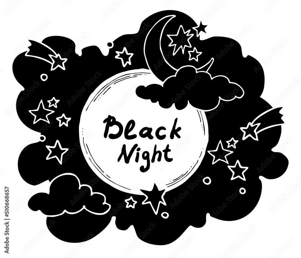 Good night theme frame with moon, stars and clouds on the dark sky ...