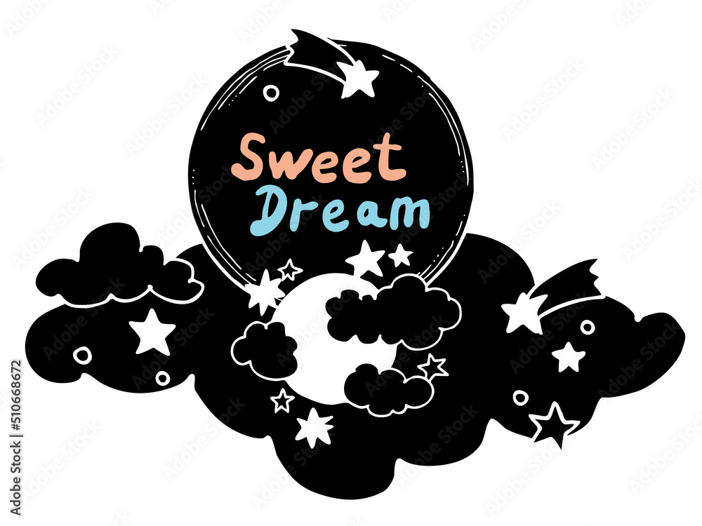 Good night theme frame with moon, stars and clouds on the dark sky ...