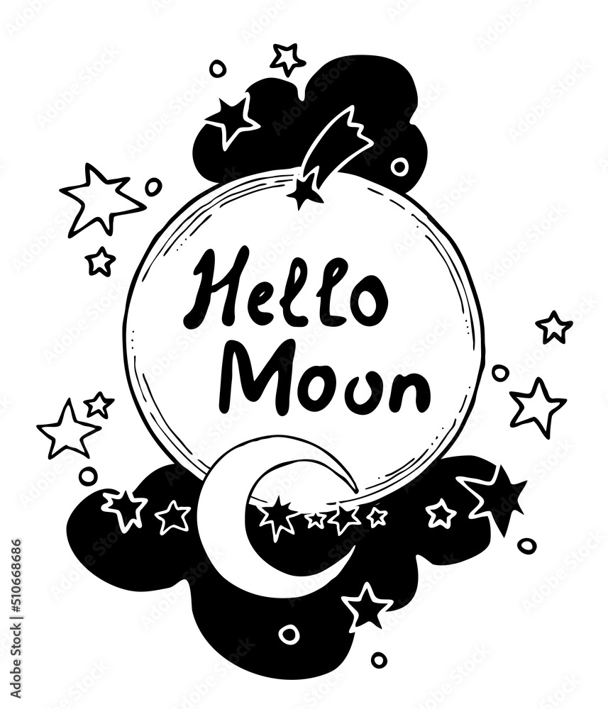 Good night theme frame with moon, stars and clouds on the dark sky ...