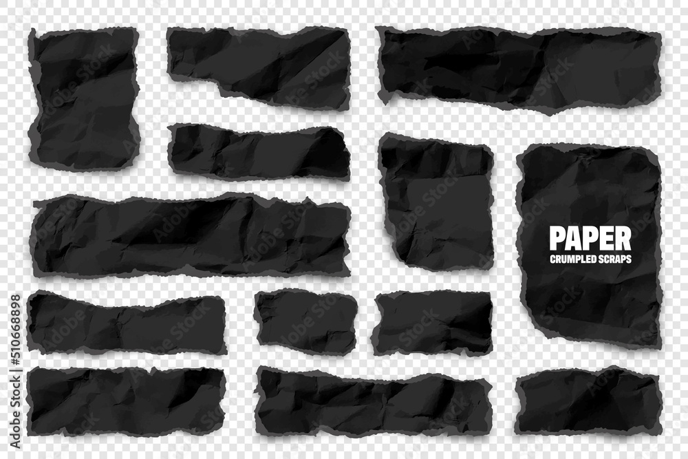 Black ripped paper strips. Realistic crumpled paper scraps with torn ...