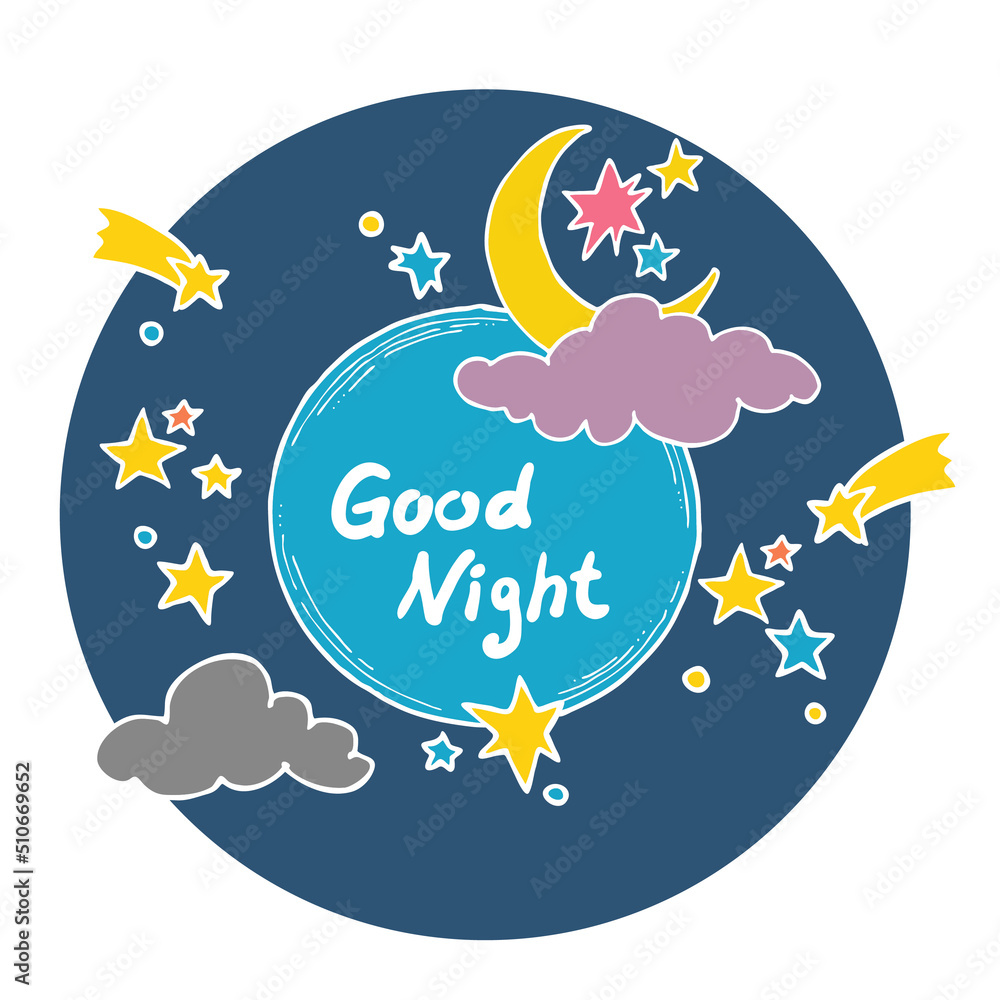 Good night theme frame with moon, stars and clouds on the dark sky ...