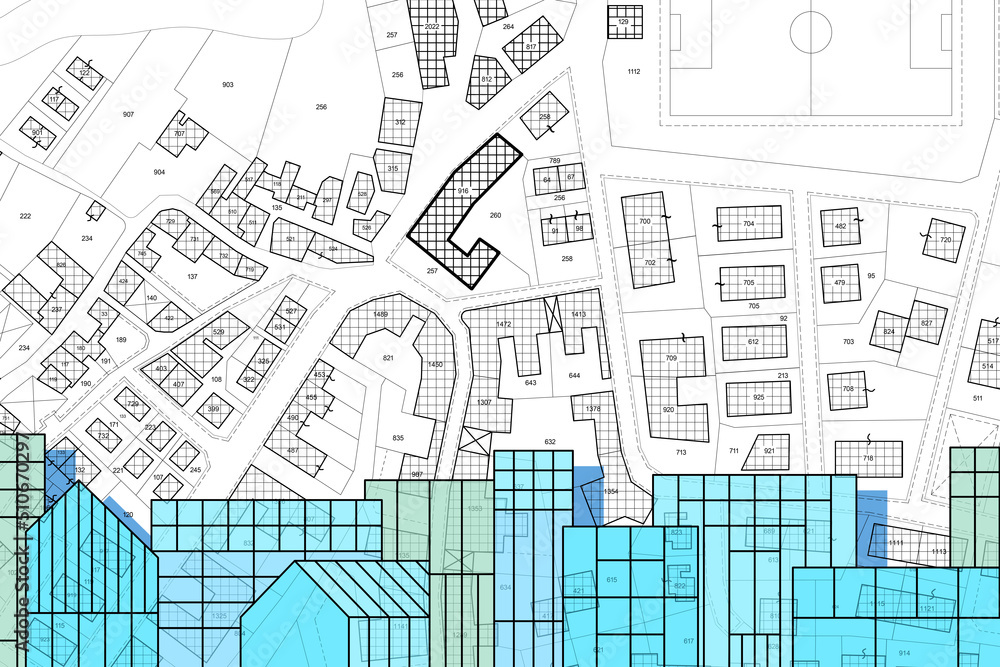 Imaginary cadastral map of territory with buildings, roads, buildable ...