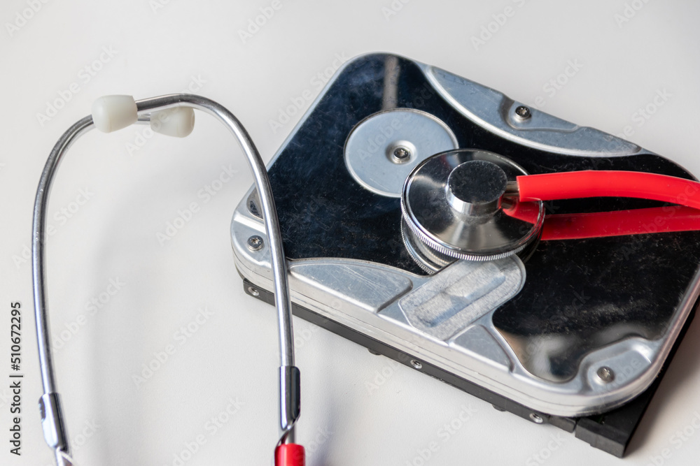 Red stethoscope with internal hard disk drive hdd contains health ...